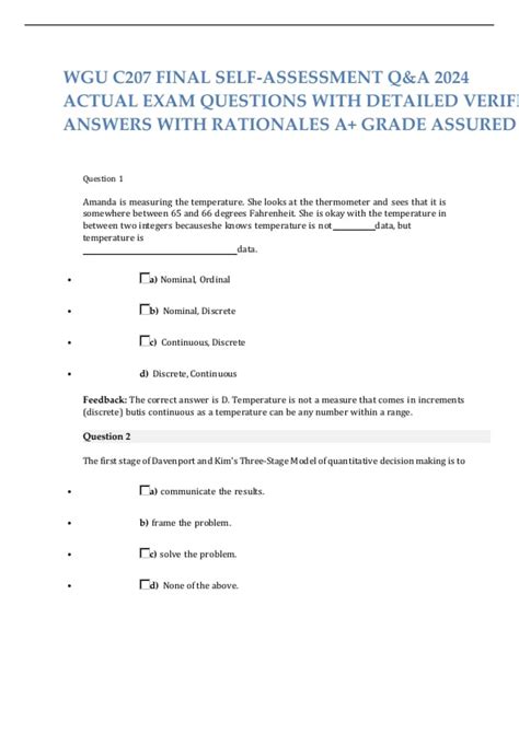 WGU C FINAL SELF ASSESSMENT Q A ACTUAL EXAM QUESTIONS WITH DETAILED VERIFIED ANSWERS
