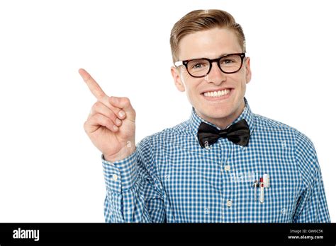 Smiling Nerd Pointing Away Stock Photo Alamy