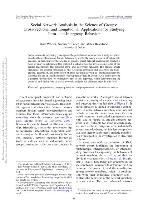 Social Network Analysis In The Science Of Groups Cross Sectional And Longitudinal Applications