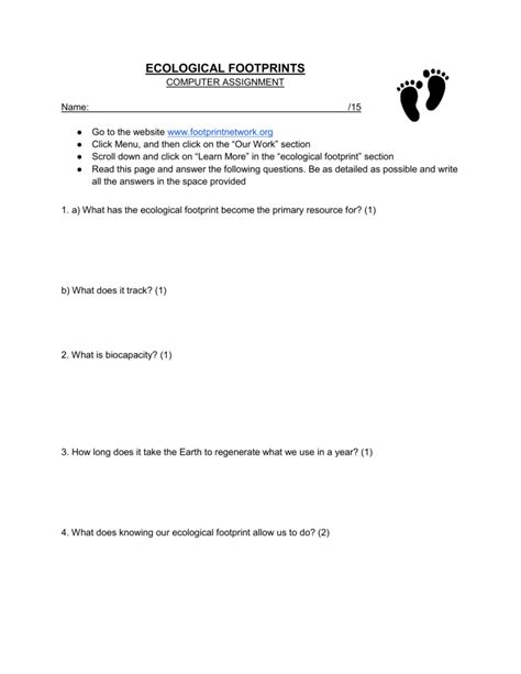 Ecological Footprints Worksheet Calculate Your Impact