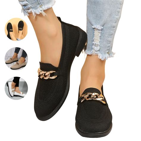 Beranmey Metal Gold Chain Decor Slip On Loafers For Women Shoes