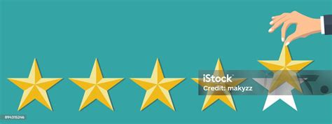 고객 등급 의견 평가 품질 작업 스타 실업가 5에 게 골드 스타를 손에 들고 평가 시스템 긍정적인 검토입니다 평면 벡터 일러스트 레이 션 감탄에 대한 스톡 벡터 아트 및