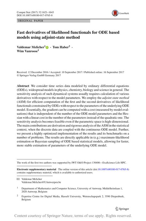 fast derivatives of likelihood functionals for ode based models using