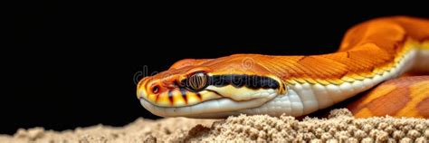 Colorful Ball Python Resting On Sand With Striking Patterns And Textures In A Dimly Lit Habitat