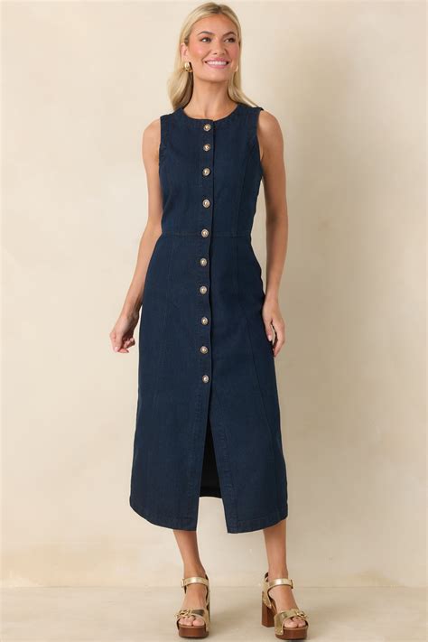Red Dress Indigo Cotton Denim Button Front Midi Dress All Dresses