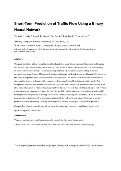 Pdf Short Term Prediction Of Traffic Flow Using A Binary Neural Network