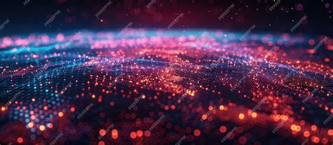 Abstract Digital Landscape With Glowing Red And Blue Dots Representing Data And Technology