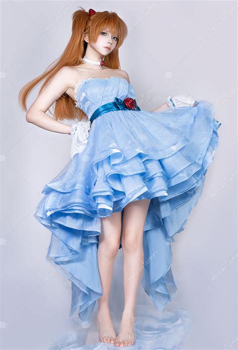 Women Anime Girl Costume Blue Dress With Belt Choker Eva Cosplay