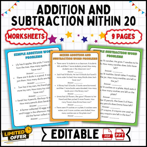 Math Word Problems Addition And Subtraction Within 20 1st 2nd Grade Worksheets Made By Teachers