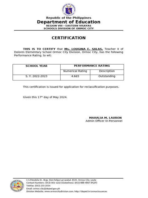 Certification Ipcrf Rating Pdf Philippines Telecommunications