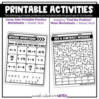 Integer Operations Printable Digital Practice Review Activity Bundle