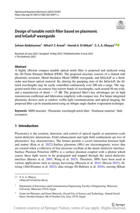Pdf Design Of Tunable Notch Filter Based On Plasmonic And Ingaasp Waveguide