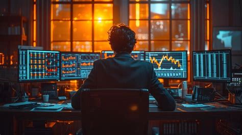 Premium Photo Back View Of A Financial Analyst Day Trader Working On