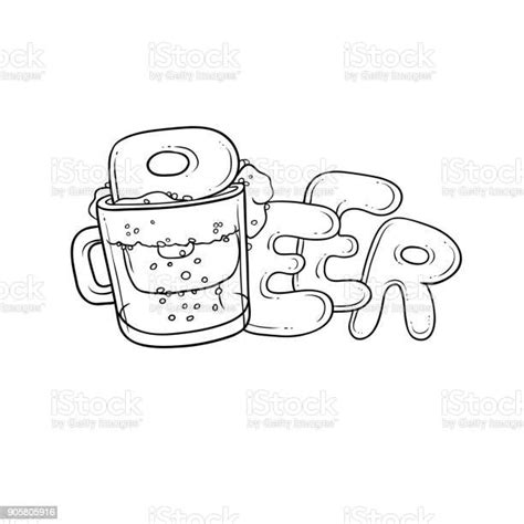 벡터 흑백 스케치 그림 잔 맥주 컵 거품과 거품을 얼굴에서 흘러 유리에 맥주를 마셔 비문 및 알콜 음료에 튀는 편지 양식 0명에 대한 스톡 벡터 아트 및 기타 이미지