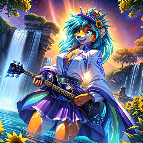 A Woman With A Guitar In Front Of A Waterfall SeaArt AI