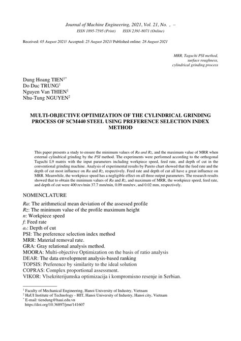 pdf multi objective optimization of the cylindrical grinding process