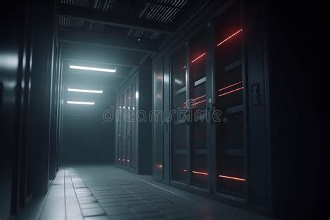 Shot Of Data Center With Multiple Rows Of Fully Operational Server Racks Modern