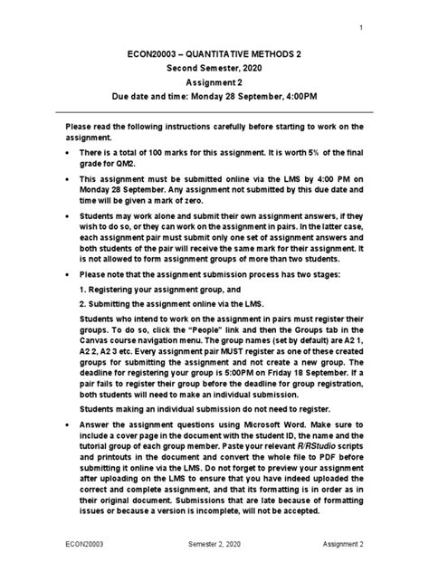 econ20003 quantitative methods 2 second semester 2020 assignment 2 due date and time monday