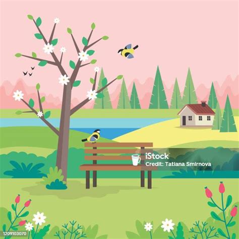 벤치 번성 나무 집 필드와 자연봄 풍경 플랫 스타일의 귀여운 벡터 일러스트레이션 공원에 대한 스톡 벡터 아트 및 기타 이미지 공원 봄 꽃 식물 Istock