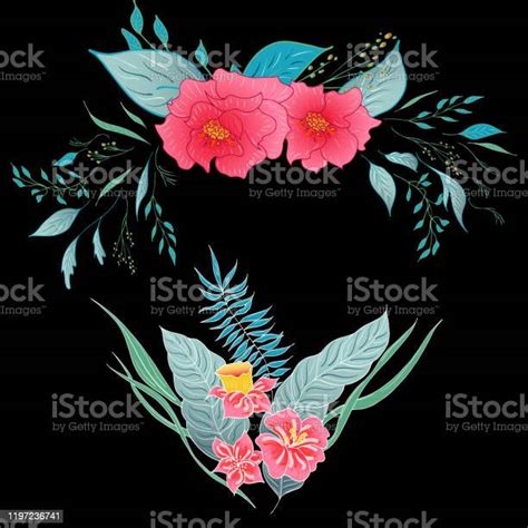 여름의 다채로운 열대 꽃 2 개 세트 검은 배경에 고립 된 꽃 식물 꽃 세트 손으로 그린 벡터 컬렉션입니다 식물 하와이 자연입니다 열대 야자수 아이콘입니다 하와이 일러스트