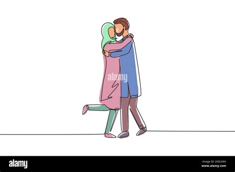 Single Continuous Line Drawing Cute Arab Couple In Romantic Pose Happy