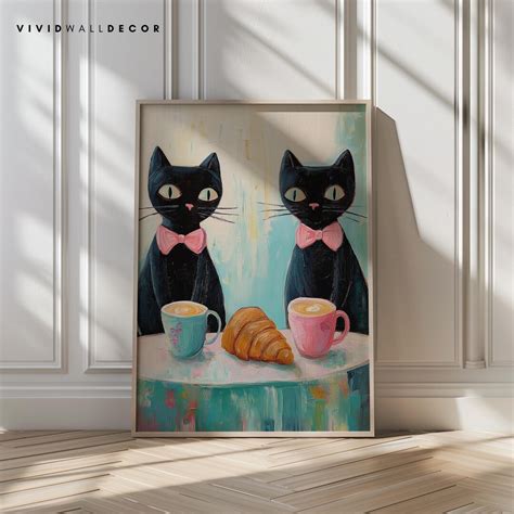 Whimsical Black Cat Cafe Art Print Cute Cats With Coffee And Croissant