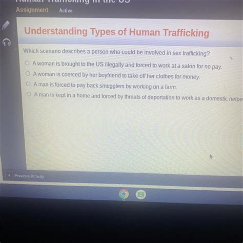Which Scenario Describes A Person Who Could Be Involved In Sex Trafficking Brainly Com