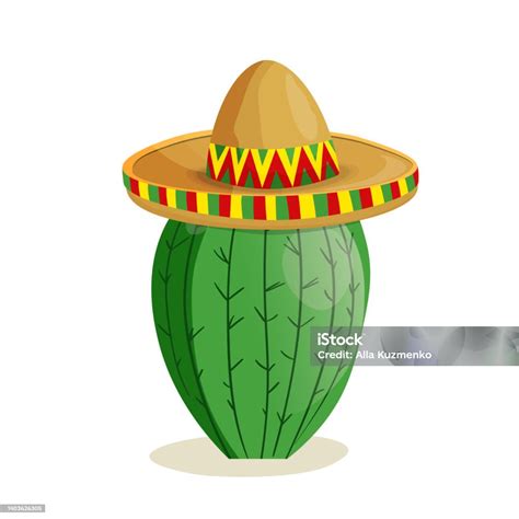 넓은 멕시코 솜브레로 모자 격리 된 요소에 가시가있는 키가 큰 즙이 많은 선인장 아이콘 게임 포장 배너에 대한 벡터 일러스트 레이 션 와일드 웨스트 멕시코 상징 개념 0명에