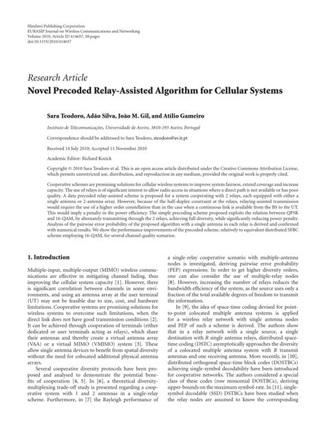 Pdf Novel Precoded Relay Assisted Algorithm For Cellular Systems