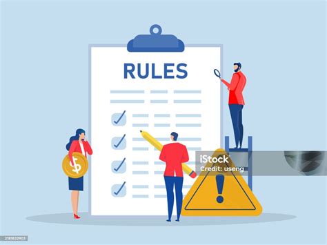 규칙 및 규정 문서 사업가는 규칙 및 규정 문서 직원이 따라야 할 정책 및 지침 법률 용어 기업 준수 또는 법률 개념 작성을 완료합니다 개념에 대한 스톡 벡터 아트 및 기타