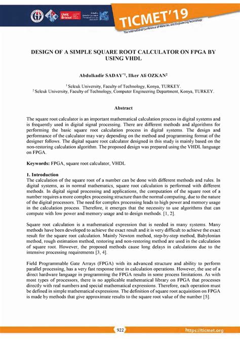 Pdf Design Of A Simple Square Root Calculator On Fpga By Using Vhdl