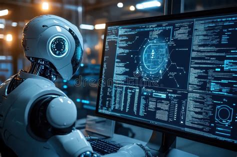 Advanced Robot Working On Computer Code Futuristic Technology Stock Illustration Illustration