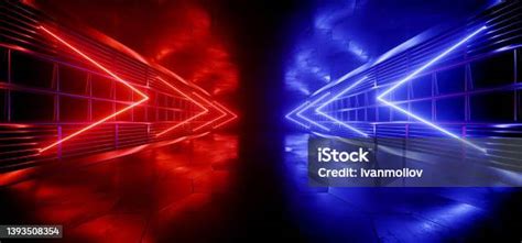 미래 지향적 인 Sci Fi 네온 레이저 빛나는 빨간색 파란색 화살표 모양의 빔 터널 복도 창고 시멘트 바닥 금속 건설 쇼룸 3d 렌더링 0명에 대한 스톡 사진 및 기타