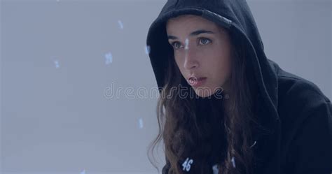 image of numbers over caucasian hacker using computer stock image