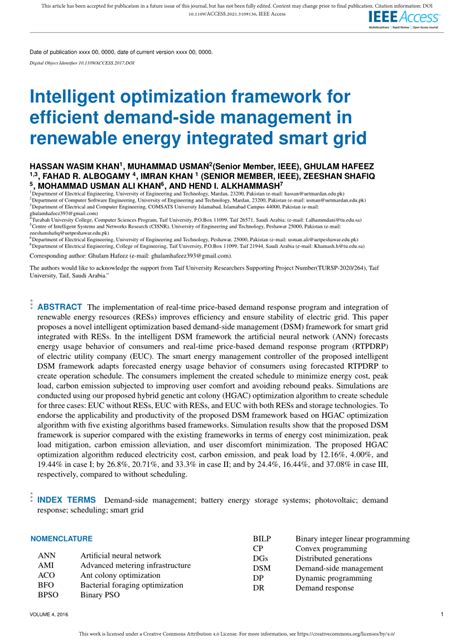 Pdf Intelligent Optimization Framework For Efficient Demand Side Management In Renewable