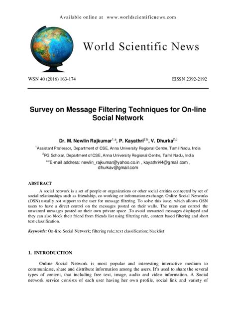 Pdf Survey On Message Filtering Techniques For On Line Social Network M Newlin Rajkumar