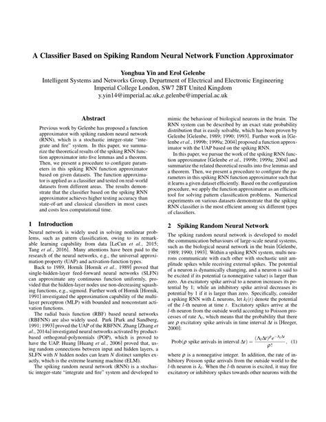 Pdf A Classifier Based On Spiking Random Neural Network Function