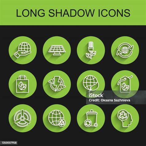 세트 라인 풍력 터빈 행성 지구 와 재활용 인간의 손 은 지구 지구를 들고 재활용 기호 머리 충전 태그 잎과 아이콘으로 재활용 벡터 그림자에 대한 스톡 벡터 아트 및 기타