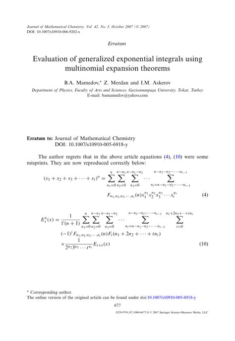Pdf Evaluation Of Generalized Exponential Integrals Using Multinomial Expansion Theorems