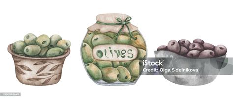 수채화 삽화 세트입니다 손으로 그린 녹색과 검은색 올리브를 투명한 유리병 그릇 접시에 담았습니다 접시와 병에 담긴 통조림 식품 배너 광고를 위한 격리된 클립 아트 0명에