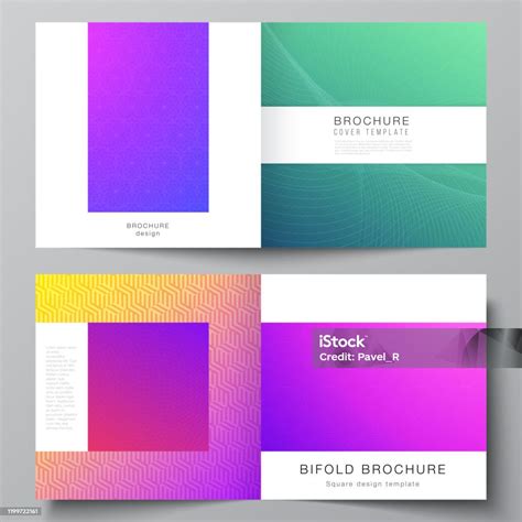 정사각형 디자인 Bifold 브로셔 잡지 전단지 소책자를위한 두 개의 표지 템플릿의 편집 가능한 레이아웃의 벡터 그림 화려한