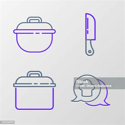 말풍선 요리 냄비 칼 및 아이콘에 라인 요리사 모자를 설정합니다 벡터 Brand Name Online Messaging