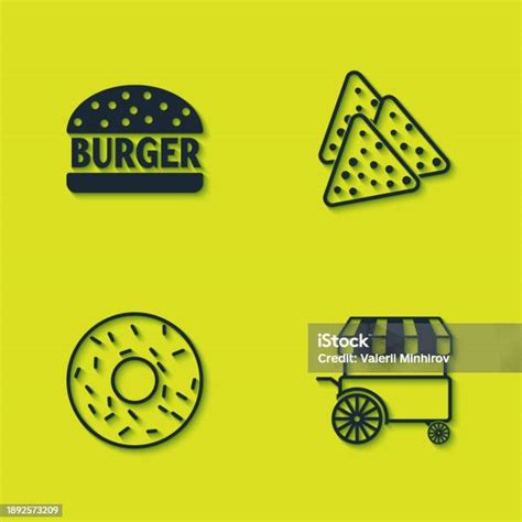 세트 햄버거 패스트 스트리트 푸드 카트 도넛과 나초 아이콘 벡터 거리에 대한 스톡 벡터 아트 및 기타 이미지 거리 검은색 고기 Istock