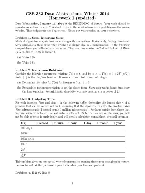homework 1 cse 332 pdf summation recurrence relation