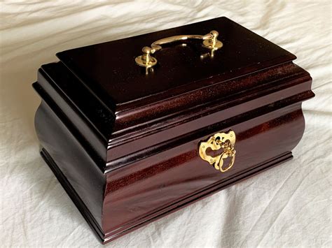 Vintage Solid Wood Fancy Jewelry Box Key Lock Movable Tray Brass
