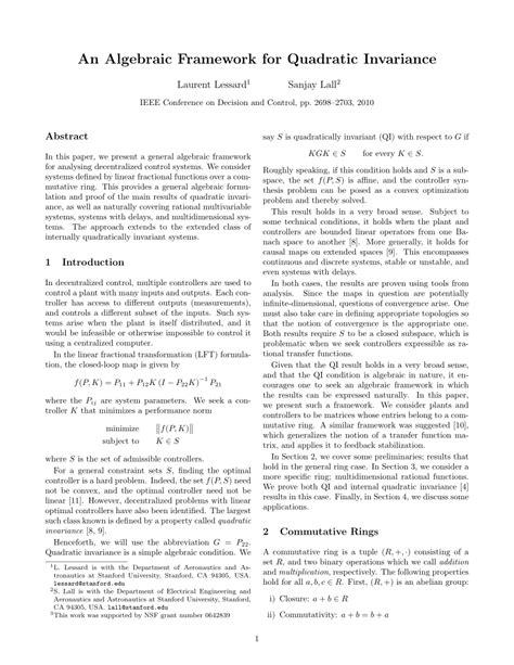 Pdf An Algebraic Framework For Quadratic Invariance