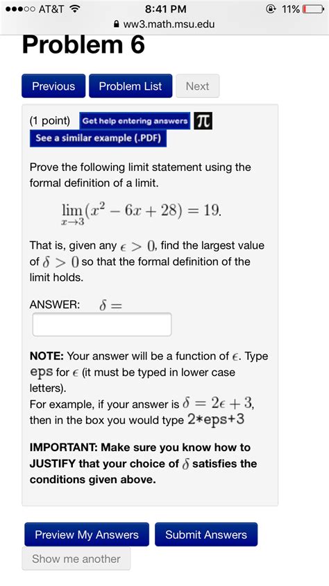 solved prove the following limit statement using the formal