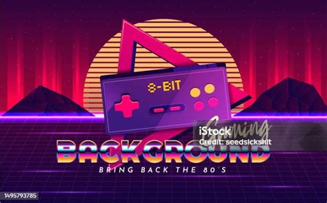 90년대 복고풍 80년대 게임 배경과 미래 지향적인 네온과 조이스틱 게임 일러스트레이션 배경 0명에 대한 스톡 벡터 아트 및