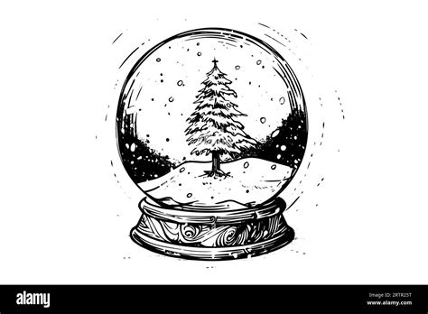 Merry Christmas T Snow Globe Snowflake Tree Inside Vector Engraving