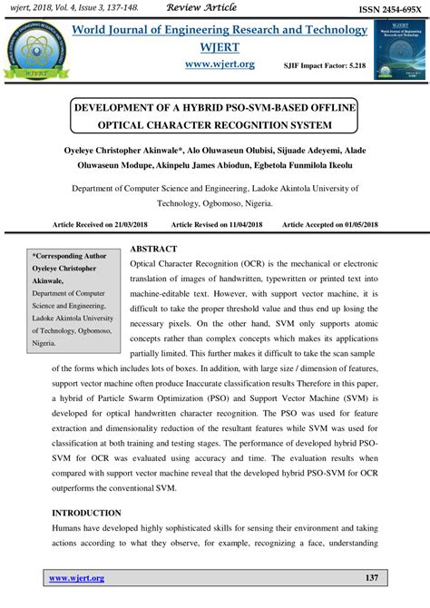 pdf development of a hybrid pso svm based offline optical character recognition system